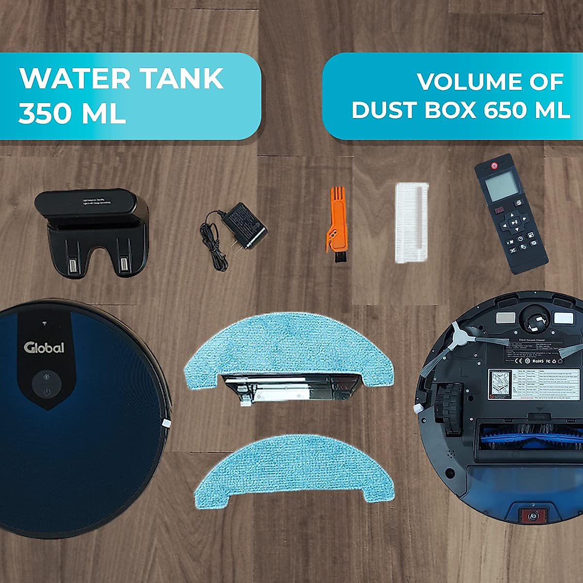 GLOBAL ELECTRONICS Robot Vacuum Cleaner, Wi-Fi, Personalized Cleaning Recommendations, Compatible with Alexa, Good for Pet Hair, Self-Charging, Robotic Vacuum Cleaner for Hardfloor and Carpet Cleaner