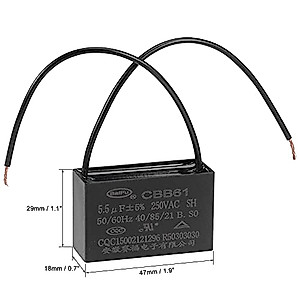 uxcell Ceiling Fan Capacitor CBB61 5.5uF 250V AC 2 Wires Metallized Polypropylene Film Capacitor 47x29x18mm for Electric Fan Pump Motor Generator 2Pcs