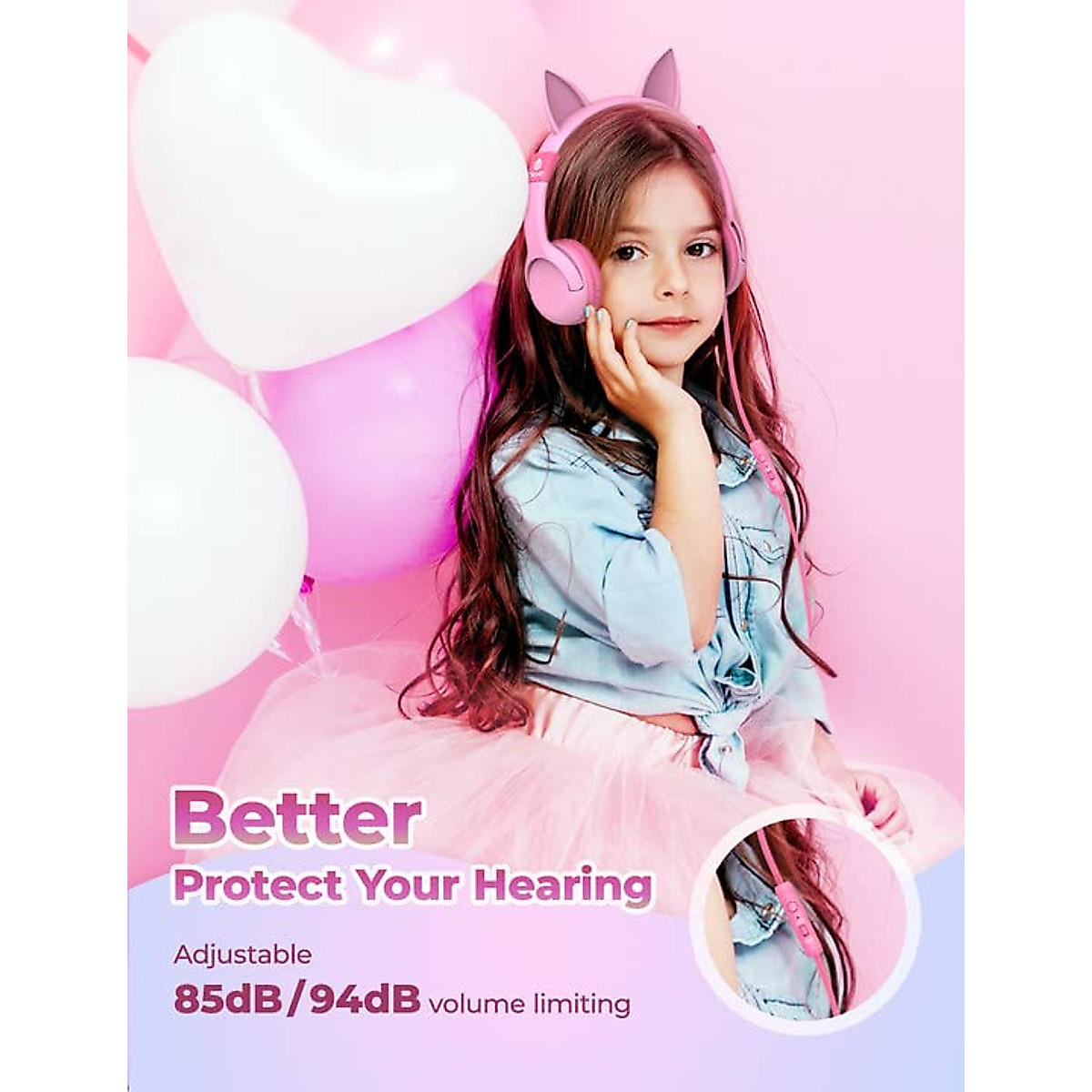 iClever HS01 Kids Headphones with Mic, Food Grade Safe Volume Limited 85/94dB, Cat Ear Headphones for Kids Girls Boys, Wired Children Headphones for Online Learning/School/Travel/Tablet (Pink)