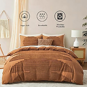 BEDAZZLED Duvet Cover King Size, 3 Pieces Boho Bedding Sets for Shabby Chic Home, Tufted and Soft Comforter Cover Set, Pumpkin Brown