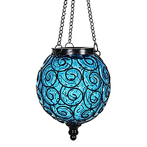 Exhart Outdoor Garden Solar Lights, Round Glass and Metal Hanging Lantern, 15 Firefly LED Lights, 7 x 20 Inch, Blue