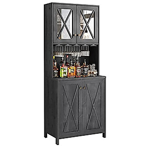 YITAHOME Farmhouse Bar Cabinet for Liquor and Glasses, Dining Room Kitchen Cabinet with Wine Rack, Upper Glass Cabinet, Open Storage Shelves for Living Room, Hallway, Charcoal Grey