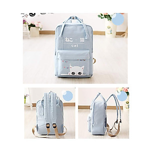 Women Girls Japanese And Korean Style Bags Cute Cat Canvas School Backpack (Blue)