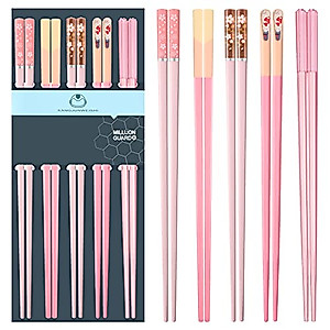 Slivek Chopsticks Reusable Dishwasher Safe, 9.57 inches Premium Non-slip Lightweight Fiberglass Chop Sticks, Japanese Chinese Chopstick Gift Set for Party, Pink- 5 Pairs