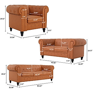 Emery Chesterfield 3 Piece Living Room Sectional Sofa Set with Rolled Arms, Tufted Cushion Sofas for Living Room Set Includes Sofa, Loveseat Couch, Accent Arm Chair / Easy Tool-Free Assembly – Caramel
