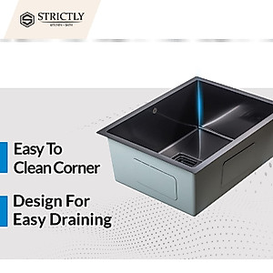 Strictly Sinks 23 Inch Undermount Kitchen Sink – Black Single Bowl 16 Gauge Stainless Steel Bar Prep Kitchen Sink Stain Resistant – With 1 Square Disposal Adapter, 1 Strainer Drain & Bottom Grid