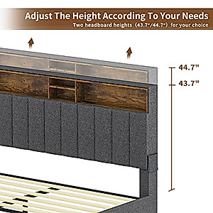 ADORNEVE Queen Bed Frame with Stoarge Headboard, USB Ports & Outlets, Platform Bed Frame Queen Size with Height Adjustable Headboard, Easy Assembly, Noise-Free, Dark Grey
