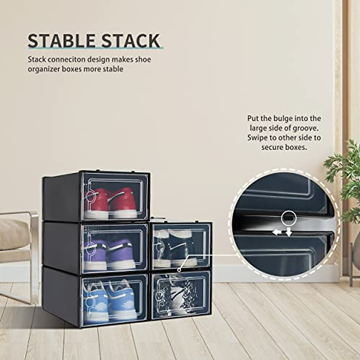 Hrrsaki 15 Pack Shoe Storage Boxes, Black Plastic Stackable Shoe Organizer Boxes with Front Opening Lids, Ventilation and Dust-proof, Shoe Container Boxes for Closet, Bedroom, Bathroom, Fit for Women/Men Size 9(13” x 9” x 5.5”)