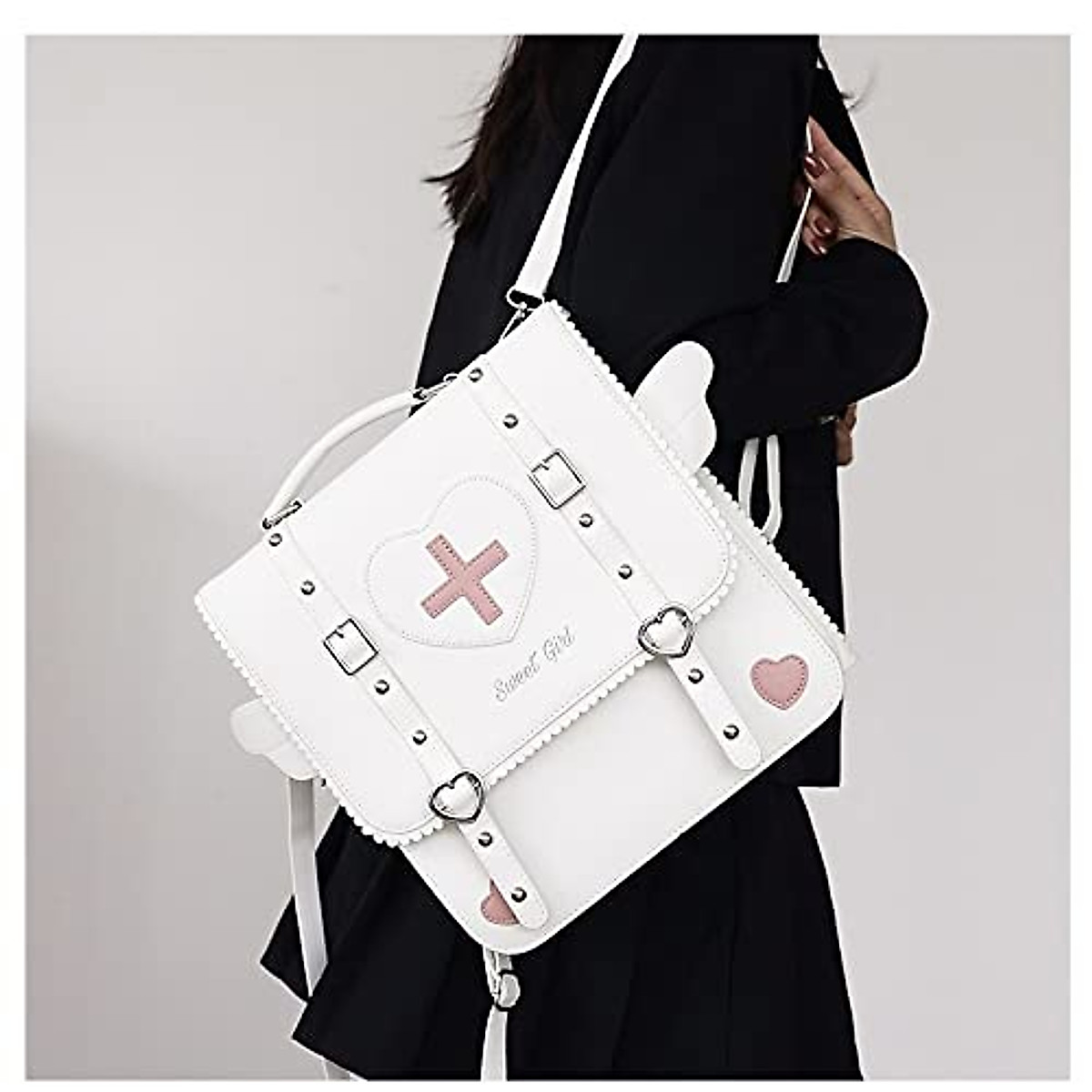 Girls College Style Anime Schoolbag Students Cute Sweet Angel Wings Novelty Backpack Women's Fashion Casual Daypacks (White,11.4*3.9*12.2in)