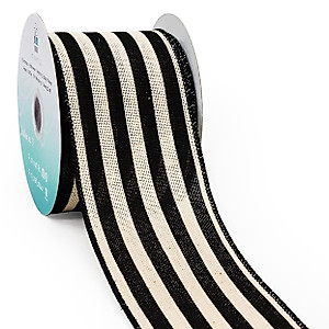 CT CRAFT LLC Striped Canvas Cotton Ribbon 2.5" x 10 Yards Ivory/Black Stripes for Thanksgiving Christmas Home Décor Gift Wrapping Outdoor Tree Topper Bow Wreath