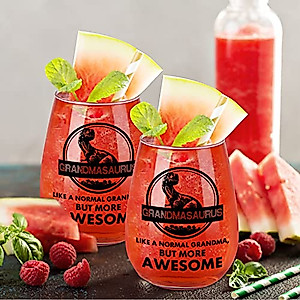 Waipfaru Grandmasaurus Like a Normal Grandma But More Awesome Stemless Wine Glass, Funny Grandma Wine Glass, Ideal Christmas Birthday Gifts for Grandma Grandmother Granny Mom Friends Women Her, 15Oz