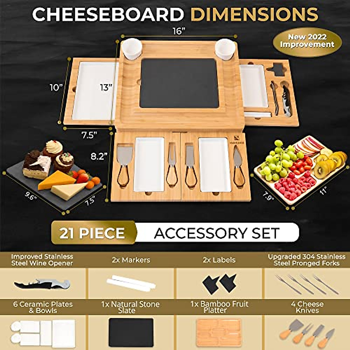MARVELHAUS Large Cheese Board Set with 21 Accessories - Swivel Design Bamboo Charcuterie Board and Cheese Platter - Kitchen Gadgets, Apartment Essentials, Cheese Boards Charcuterie Boards