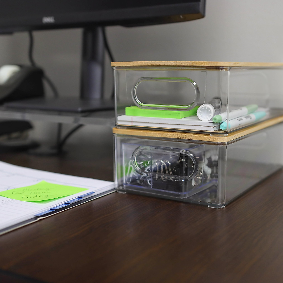 7Penn Stackable Storage Bins with Lids - 2 Pack Bamboo Lid Storage Containers for Home Organizing - Clear Acrylic Stacking Container for Pantry, Bathroom, Kitchen, Fridge, or Closet Organization