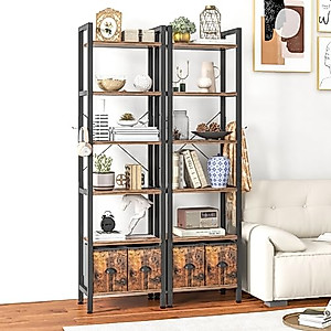 oneinmil 6-Tier Bookshelf with 2 Storage Drawers, Industrial Display Standing Shelf, Rustic Wood Storage Shelf with Metal Frame, Open Bookcases for Living Room, Bedroom, Home Office (Brown)