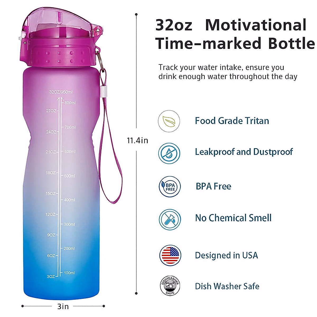 NOOFORMER 24oz / 32oz Motivational Water Bottle with Time Marker & Straw- Water Tracker Bottle Leakproof BPA Free for Fitness Sports Outdoors and Office