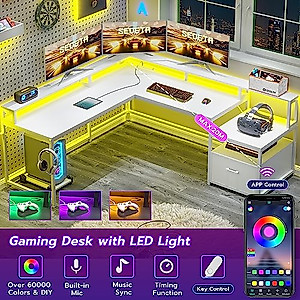 SEDETA L Shaped Gaming Desk, 66" Home Office Desk with File Drawer & Power Outlet, Gaming Desk with Led Lights, Corner Computer Desk with Monitor Shelf, Printer Storage Shelves, Two Person Desk, White