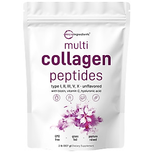 Multi Collagen Protein Powder, 2lbs – Hydrolyzed Collagen Peptides | Type I,II,III,V,X with Biotin 10000mcg, Hyaluronic Acid, Vitamin C – Unflavored – Keto & Paleo Friendly, Easy Dissolve, Non-GMO