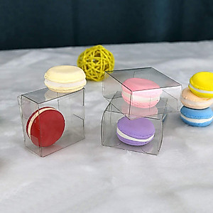 Nicunom 100 Pack Clear Macaron Boxes, Plastic Favor Boxes, 2.17" x 2.17" x 1.38" Bakery Boxes Candy Containers for Chocolate Cake Desserts Cupcakes Cookies Muffins Party Favors Packaging