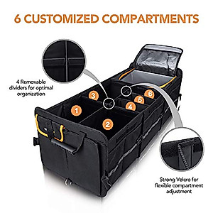 HEYTRIP Large Trunk Organizer With Built-in Leakproof Cooler Bag, 2 Tie-Down Straps, 4 Removable Dividers, Foldable Cover, Built with 2mm PE Board