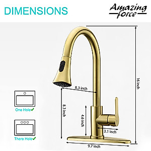 AMAZING FORCE Gold Kitchen Faucet Modern Pull Out Kitchen Faucets Stainless Steel Single Handle Kitchen Sink Faucet with Pull Down Sprayer 3 Hole Kitchen Faucet Mixer Tap 1.8 GPM