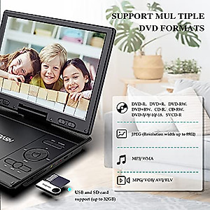 14.9" Portable DVD Player with 12.5" Large HD Swivel Screen,Exclusive Button Design,Car Headrest Mount Provided,High Volume Speaker,Support CD/DVD/SD Card/USB,Region Free