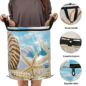 pnyoin 50L Large Popup Laundry Hamper Round with Zipper Lid Reinforced Handles Portable Collapsible Basket for Kids Room College Dorm Travel, Sunny Sky with Starfish