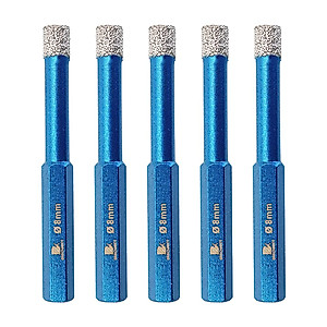 Dry Diamond Drill Bit Set,BRSCHNITT 5pcs 5/16 Inch (8mm) Diamond Hole Saw Core Drill Bit for Porcelain Tile Ceramic Stone Granite Marble,Hex Shank Dry Drilling Diamond Core Drill Bit Kit