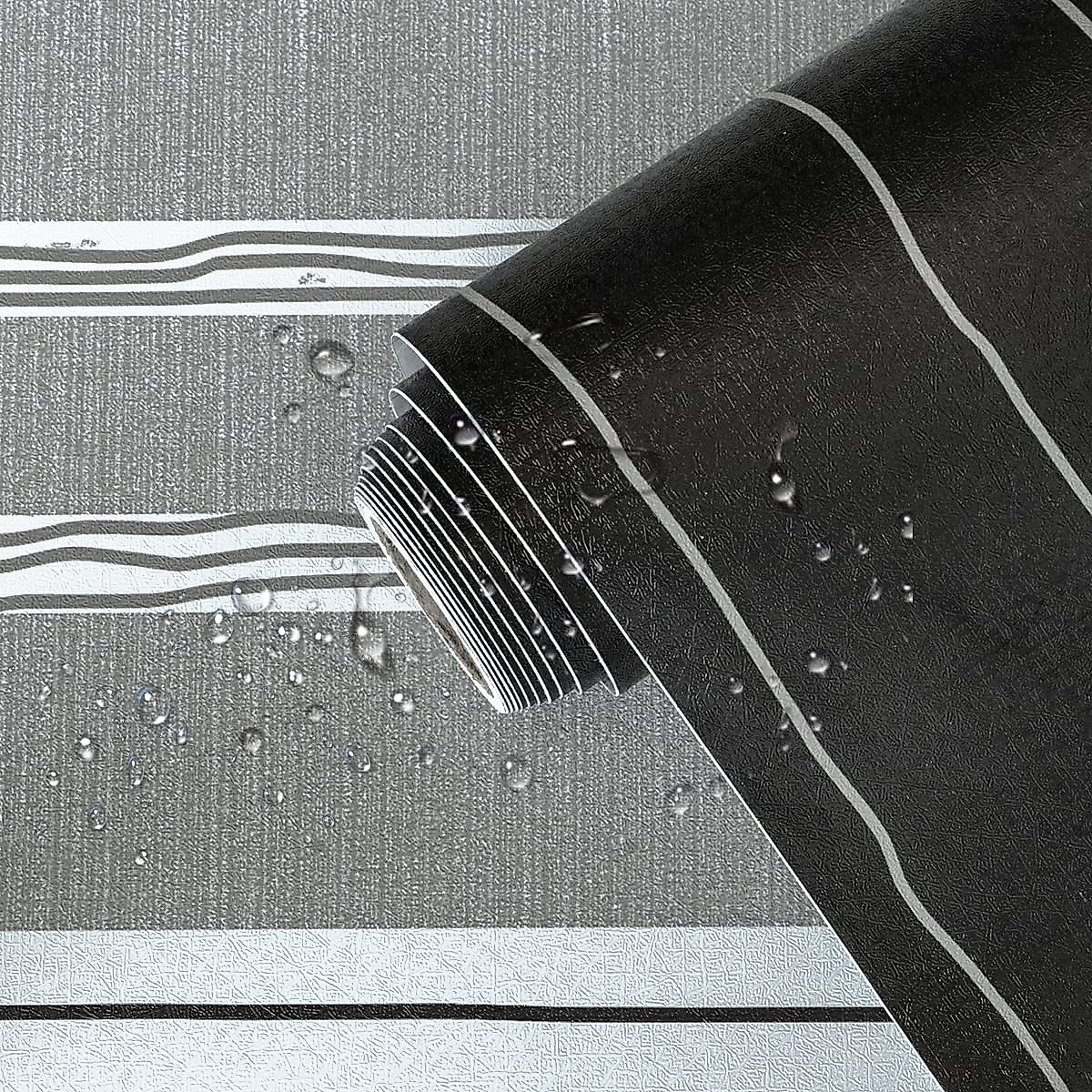 TAOHULIN 17.7" x 196" Black and Gray Stripe Contact Paper Peel and Stick Shelf Liner Stripe Pattern Self Adhesive Wallpaper for Cabinets Dresser Drawer Table Cupboard Walls Furniture Countertop