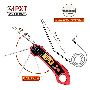 Instant Read Meat Thermometer for Cooking, Waterproof Digital Food Thermometer Dual Probe Design with Magnet, Backlight, Calibration and Foldable Probe for Deep Frying, Grill, BBQ, Kitchen(Red)