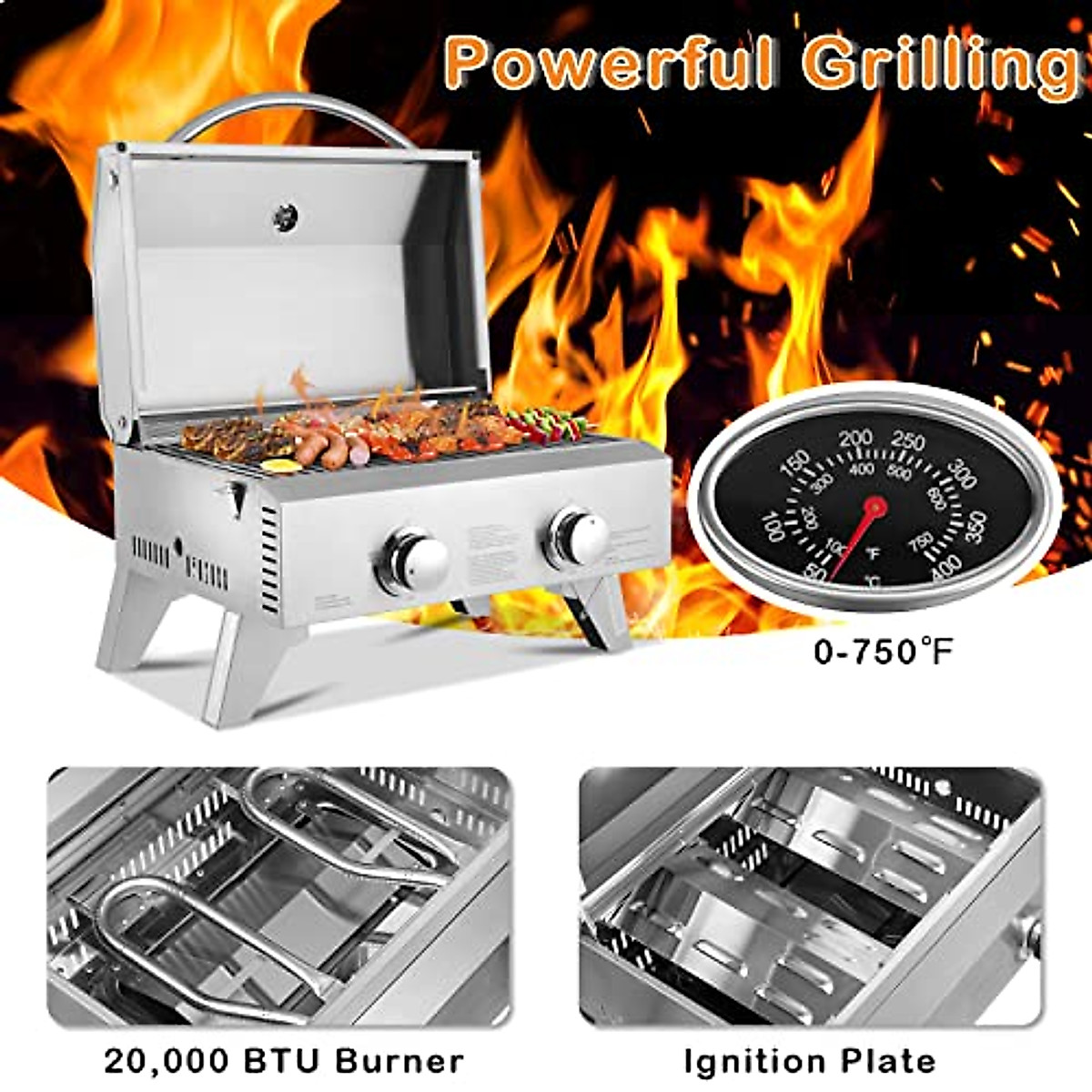 ROVSUN Extra Large 20,000 BTU Portable Gas Grill, 2 Burner Tabletop Propane Griddle with Foldable Legs, Regulator & Full Stainless Steel for Outdoor Picnic Camping Trip, Tailgating, Patio Garden BBQ Home Use