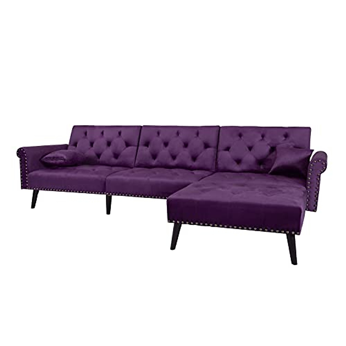Velvet Convertible Sectional Sofa Bed Sleeper with Reversible Chaise and Pillows Comfy Velvet Fabric L-Shaped Reversible Reclining Sofa with 3 Seats and Pillows (Purple)