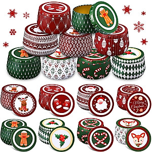 Uiifan 48 Pcs Christmas Candle Tins Cookie Tins Metal Candles Tin Gifts Jars with Lids 8 oz Candy Tinplate Retro Tins Round Containers for Candle Holiday Gift Giving Treat Biscuits Party Favors