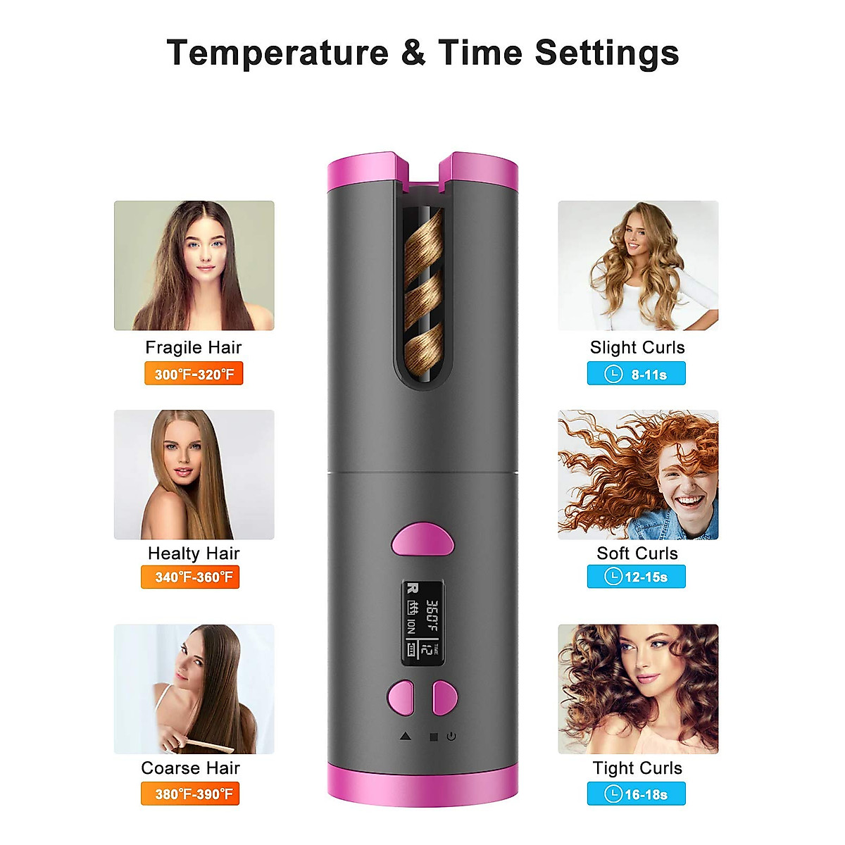 Curling Iron Automatic Cordless Hair Curler with 6 Temperature & Timer Settings, Portable Auto Shut-Off Rechargeable Curling Wand for Girls
