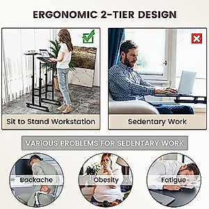 Tangkula Mobile Standing Desk Stand Up Desk, Height Adjustable Computer Desk with Standing & Seating 2 Modes, Tilting Tabletop & Flexible Wheels, Rolling Laptop Cart Sit Stand Desk