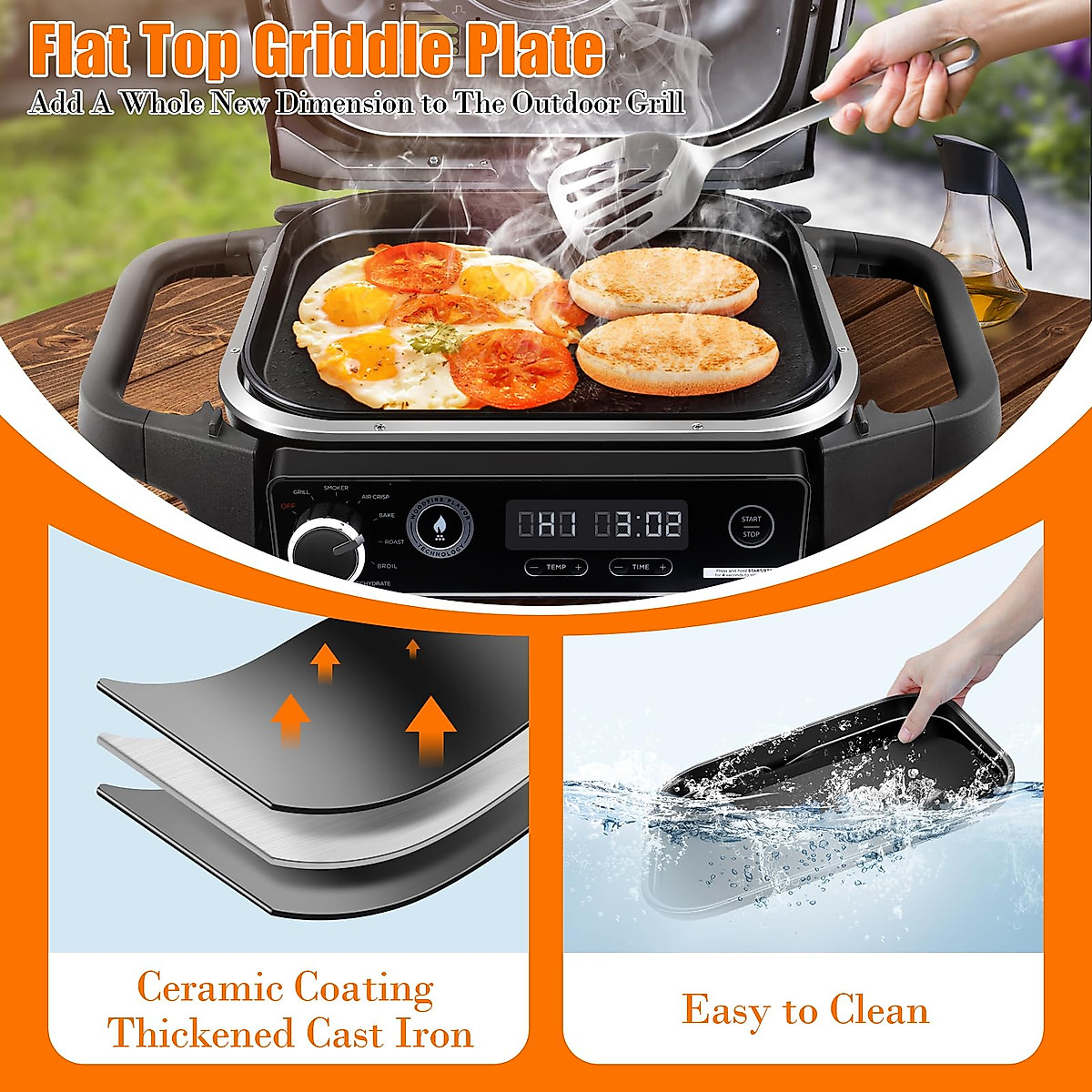 GRILL FORCE Cast Iron Griddle for Ninja Woodfire Grills, Griddle Plate, Flat Top Griddle, Grill Pan Compatible with Ninja Woodfire Outdoor Grills (Ninja OG701) Ceramic Coating, Easy to Clean, Insert