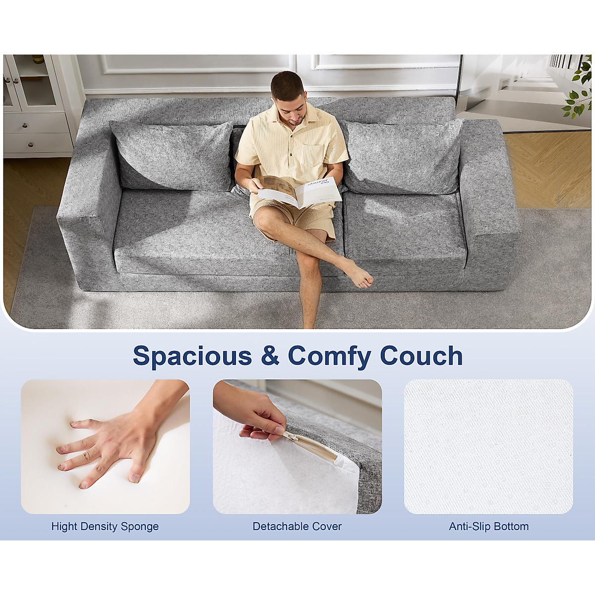 Hobestluk Folding Sofa Bed Couch Convertible Floor Sofa Beds for Adults Foldable Sleeper Sofa Lounge with Three Pillows for Living Room Fold-Out Floor Chair Beds for Bedroom Apartment Office(Grey)