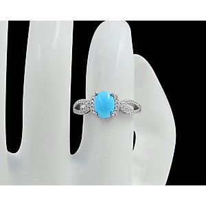 8X6 MM Oval Natural Blue Turquoise Cabochon 925 Sterling Silver December Birthstone Solitaire Unisex Proposal Ring Valentine Day Gift For Girlfriend Gift (Rhodium Plated Silver, 8)