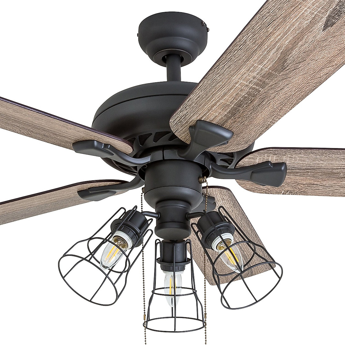 Prominence Home Lincoln Woods, 52 Inch Industrial Style LED Ceiling Fan with Light, Pull Chain, Three Mounting Options, 5 Dual Finish Blades, Reversible Motor - 50581-01 (Bronze)