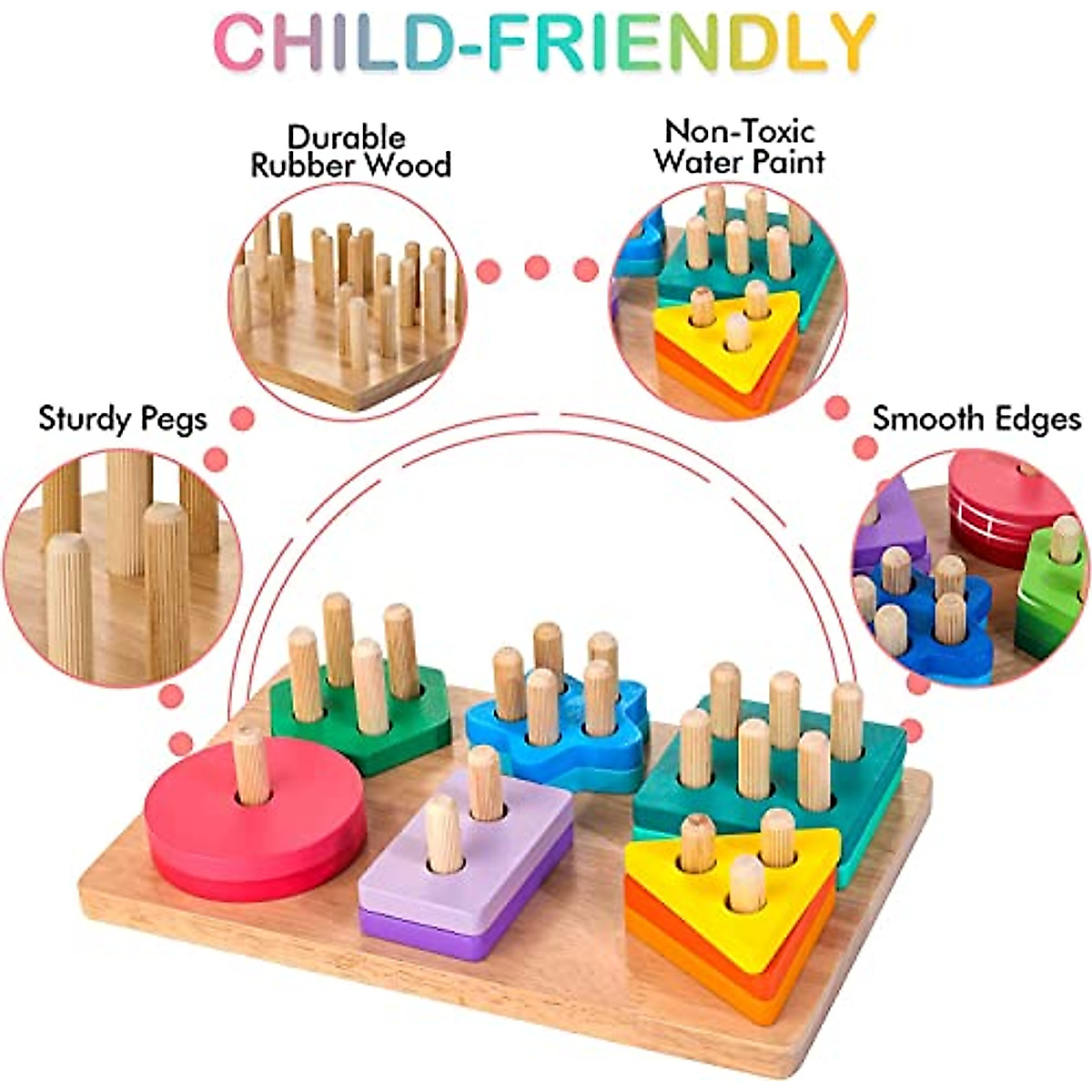 HELLOWOOD Wooden Sorting & Stacking Toys, Montessori Toys for 1 2 3 Years Old Toddlers, Shape Sorter Puzzles with 24-Piece Large Geometric Blocks & 12 Word Cards, Gift for 12+ Months Baby Boys Girls