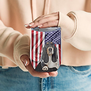 Tricolor Basset Hound Patriotic Tumbler 12oz Stainless Steel Vacuum Insulated Cup With Lid - American Flag Themed Design Gifts for Dog Lovers