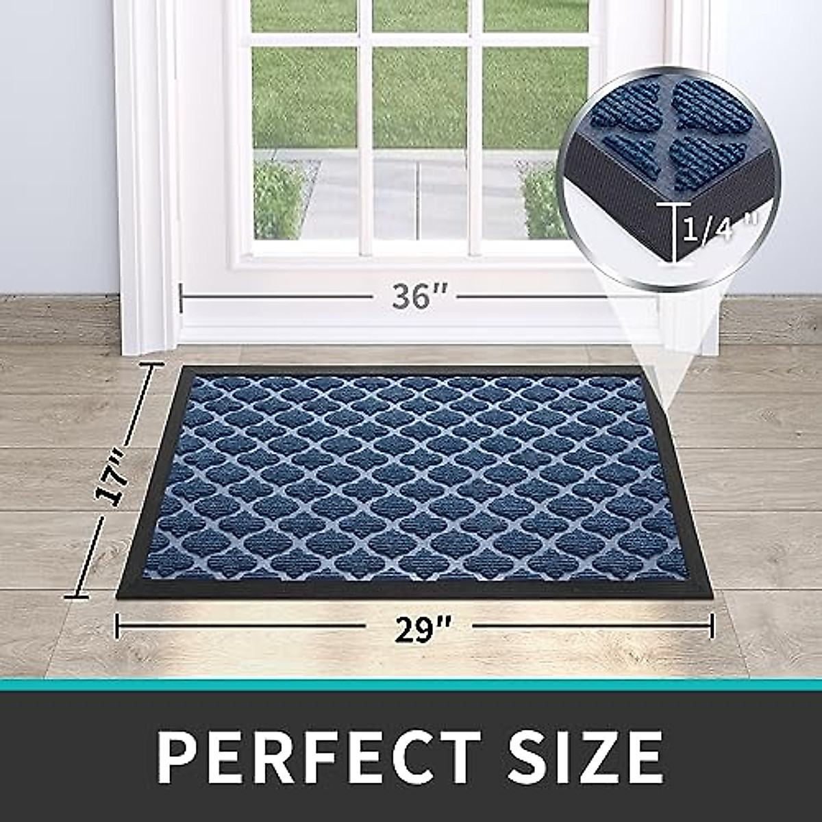 DEXI Door Mat Front Indoor Outdoor Doormat Small Heavy Duty Rubber Outside Floor Rug for Entryway Patio Waterproof Low-Profile,17"x29",Navy Blue