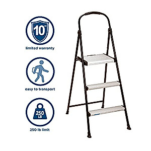 COSCO 11425ABK1E Folding Step Stool with Rubber Hand Grip, 8 Ft. 10 in. Max Reach, ANSI Type 1, 250 lb Weight Capacity, 3, Black