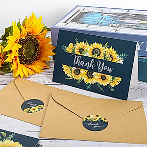 AnyDesign Sunflower Thank You Cards Bulk 36 Pack Blue Thank You Notes with Matching Seal Stickers Envelopes Watercolor Summer Floral Greeting Cards for Wedding Baby Shower Bridal Birthday Party