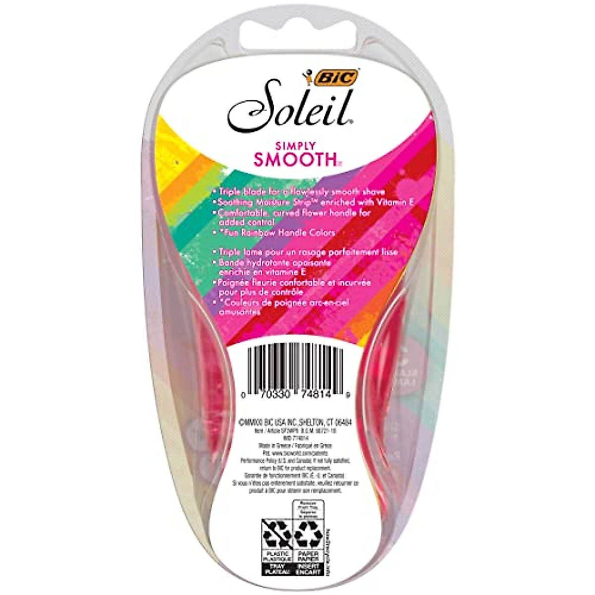 BIC Soleil Simply Smooth Women's Disposable Razors, 3 Blades With Moisture Strip For a Silky Smooth Shave, 8 Piece Razor Set