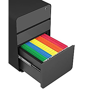 Laura Davidson Furniture Stockpile Flat 3 Drawer File Cabinet with Lock - Under Office Desk Metal Filing Cabinet, Legal/Letter File Folders, Wheels and Stationary Feet, Pre-Assembled, Grey