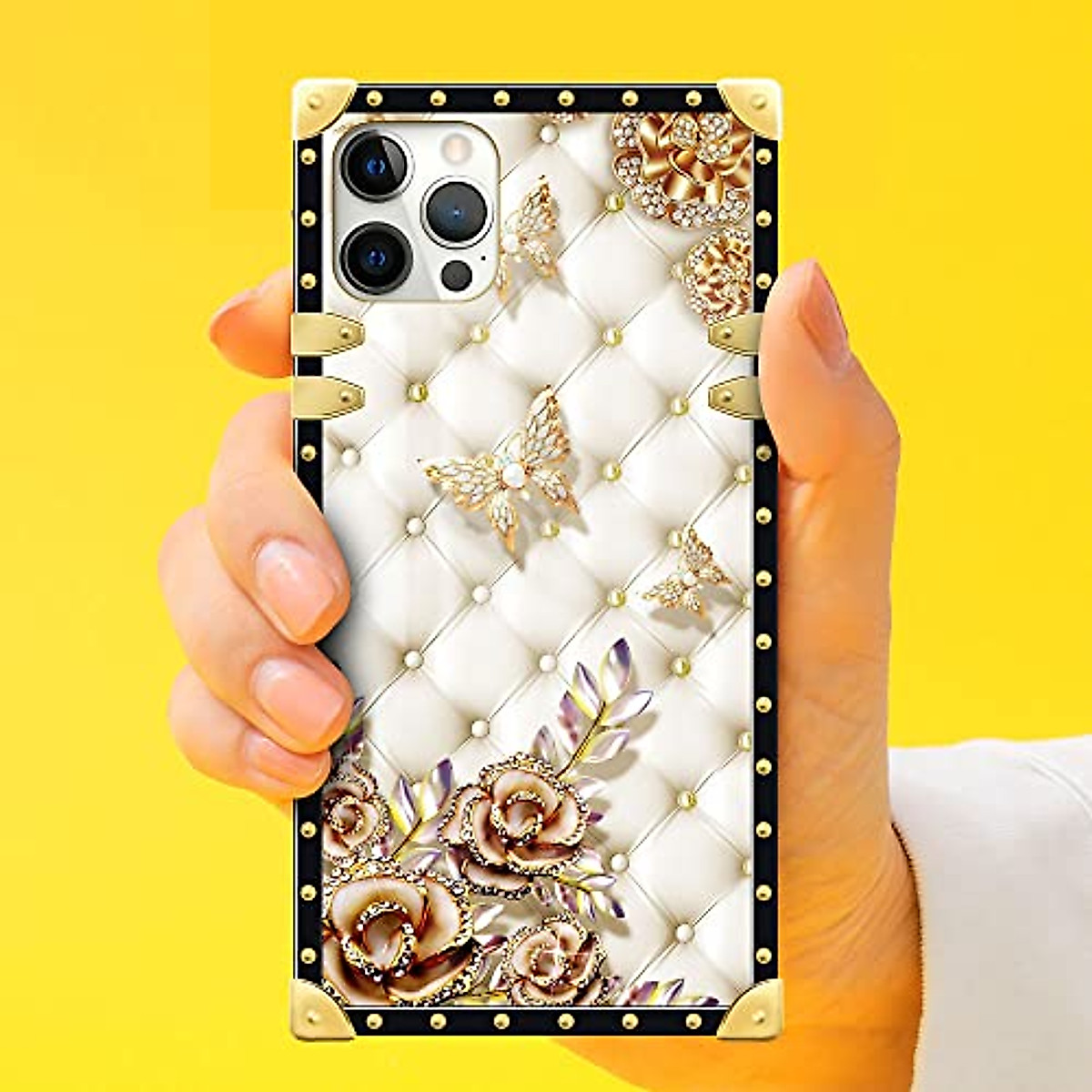 Yuning419 Case Compatible with iPhone 13 Pro Max,1 Diamond Butterfly 13 Pro Max Case for Girls,Luxury Square Soft TPU Shockproof Protective Hard PC Case for iPhone 13 Pro Max 6.7 inch