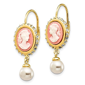 Auriga Fine Jewelry 925 Sterling Silver Gold-plated Simulated Pearl Cameo Dangle Earrings with Leverback for Women (L- 1.11 Inch, W- 0.44 Inch)
