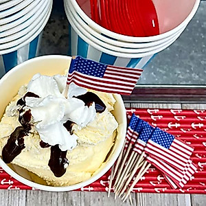 Red White and Blue Ice Cream Sundae Kit - 4th of July Party - 12 Ounce Blue Stripe Paper Treat Cups - Plastic Spoons - American Flag Picks - Paper Straws - 16 Each
