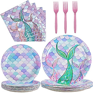 Mermaid Paper Plates and Napkins for Kids Party Purple Mermaid Tail Theme Plates Forks Set Disposable Tableware Girls Birthday Dessert Tea Party Decoration Under the Sea Supplies