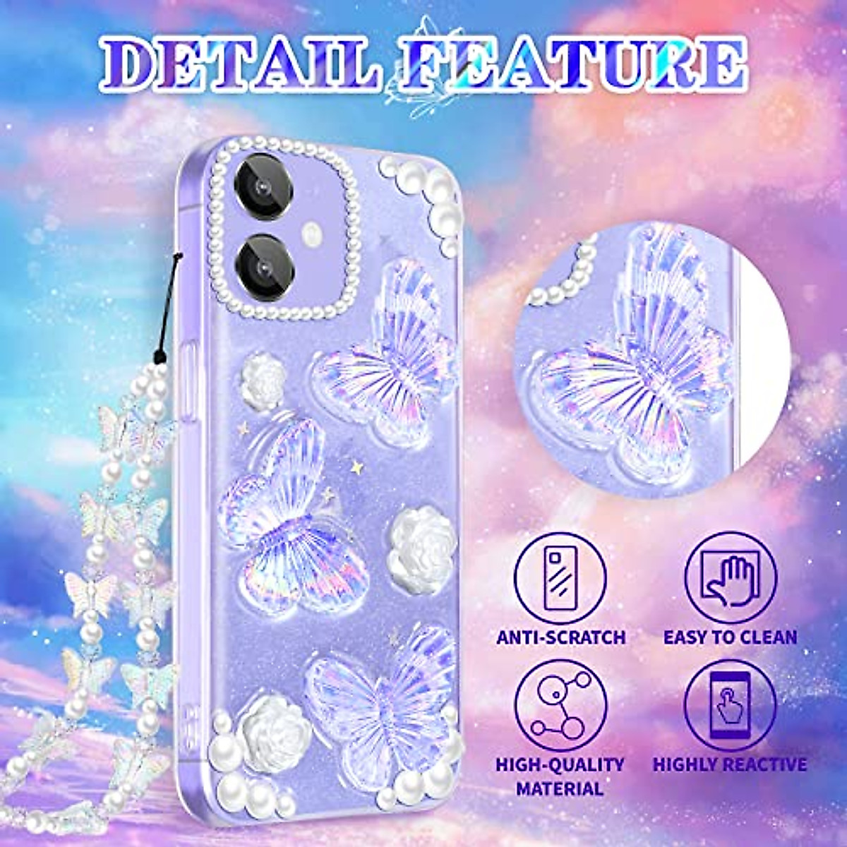 Goocrux (4in1 Case for Apple iPhone 11 Butterfly Glitter Handmade Sequin Sparkle Pretty for Women Girls Clear Design Crystal Pearl Sparkly Cute Girly Phone Cases+Chain+Camera Cover+Screen Protector